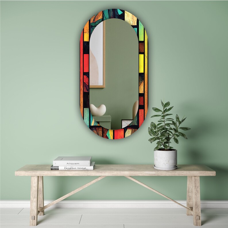 Oval Pill Shaped Tempered Glass Wall Mirror L Irregular Modern Abstract ...