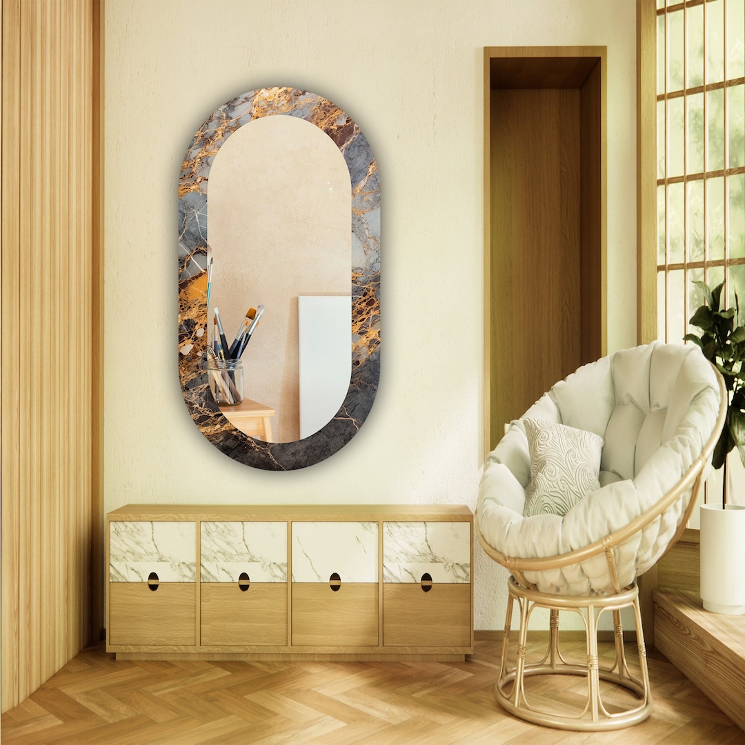 Oval Pill Shaped Tempered Glass Wall Mirror L Large Esthetic Modern ...