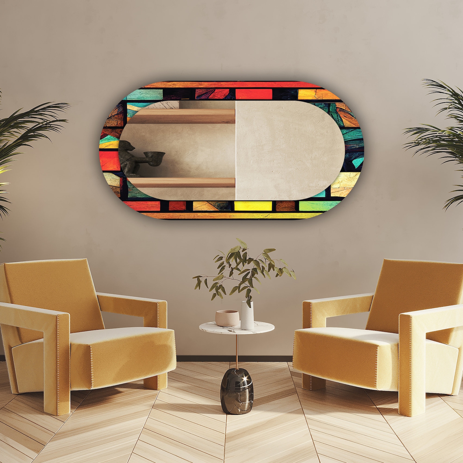 Oval Pill Shaped Tempered Glass Wall Mirror L Irregular Modern Abstract ...
