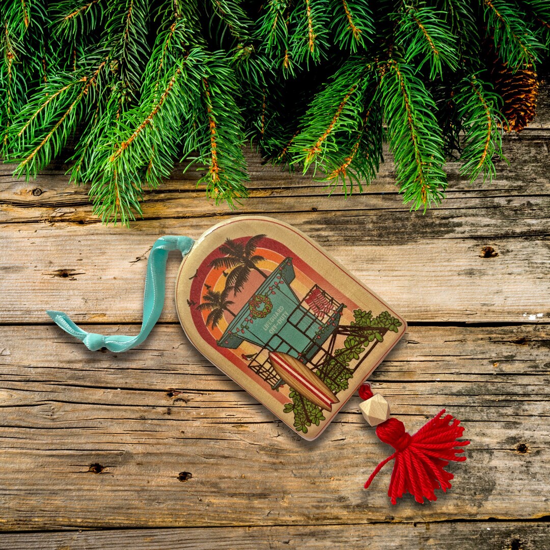 Surf Beach Scene Christmas Tree Ornament Xmas Lifeguard Tower Surfboard ...