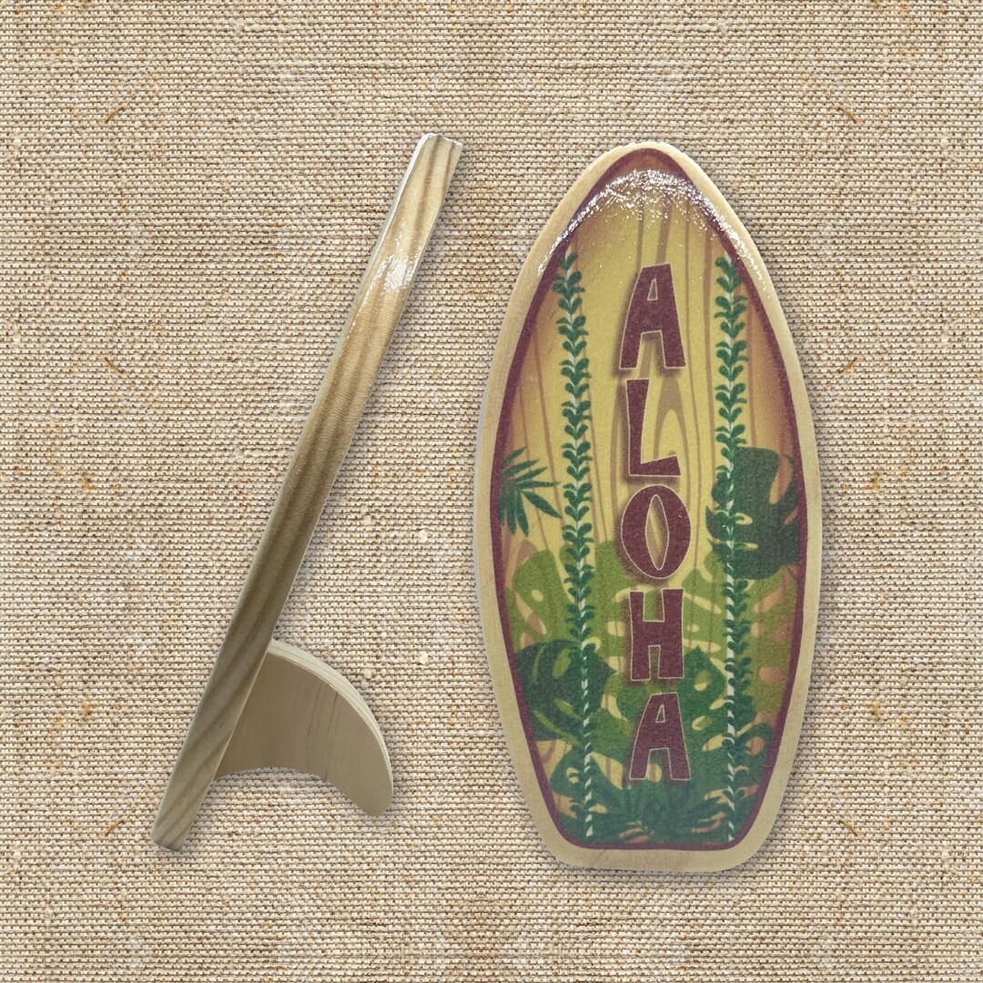Personalized Mini Wooden Surfboard With Fin to Stand Green Leaves ...