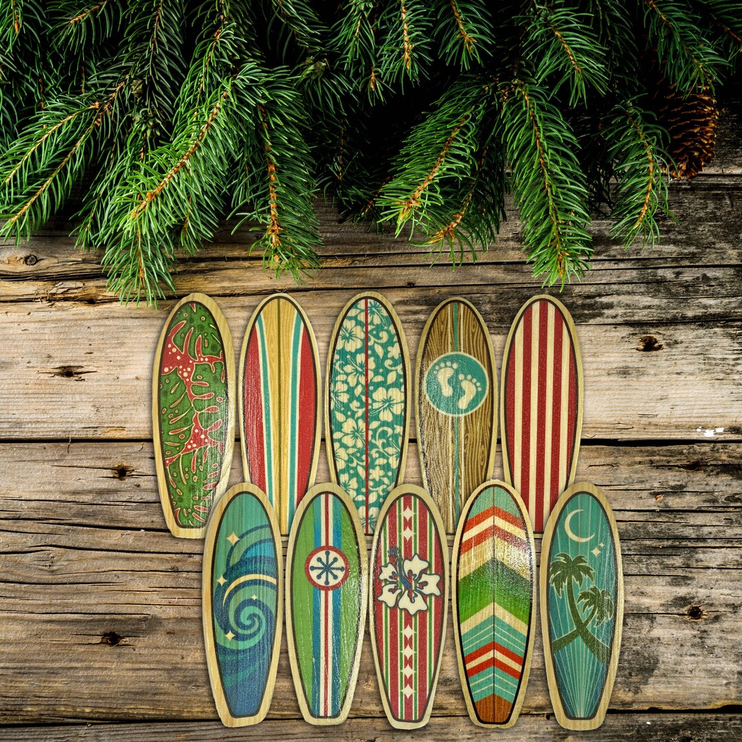 Set of 10 Mini Wooden Surfboard Christmas Tree Ornaments 5 Inches Tall ...