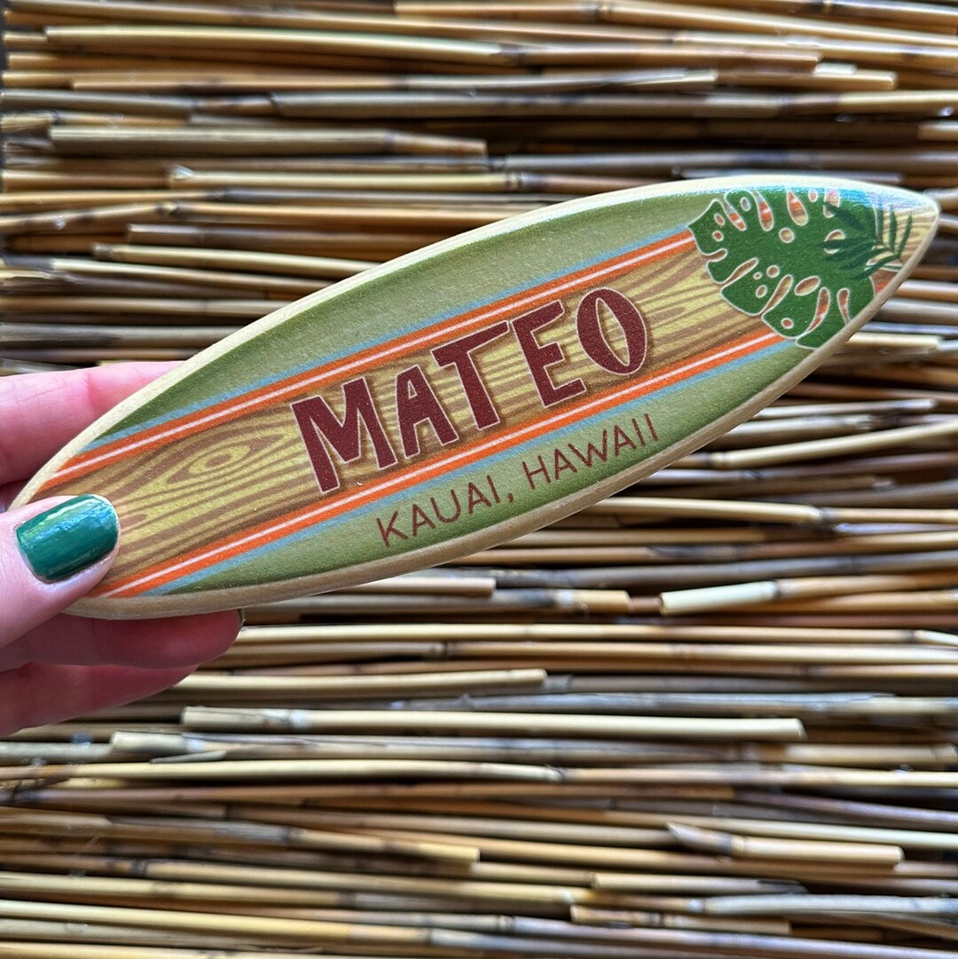 Mini Personalized Wooden Surfboard in Green With Tropical Monstera Leaf ...