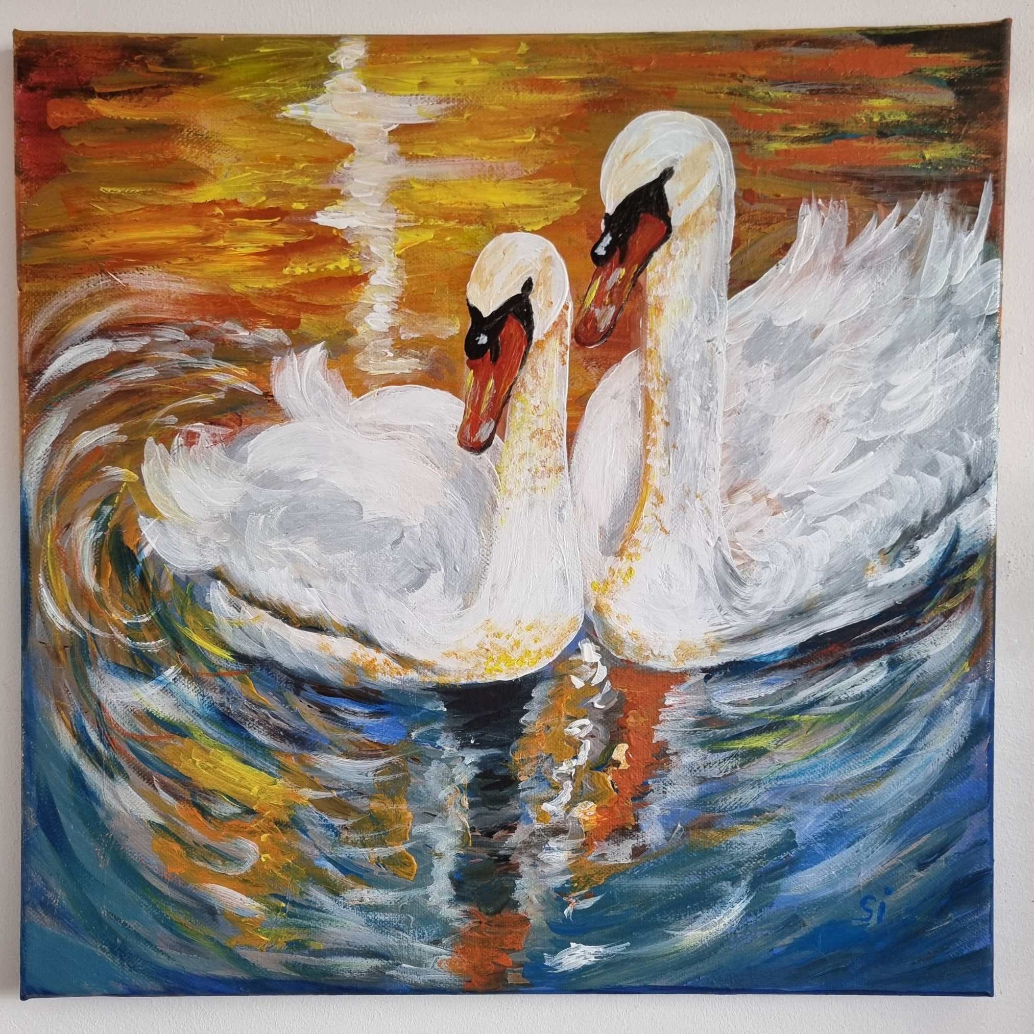 Original Painting,two Majestic Swans Glide Gracefully Across the Lake ...
