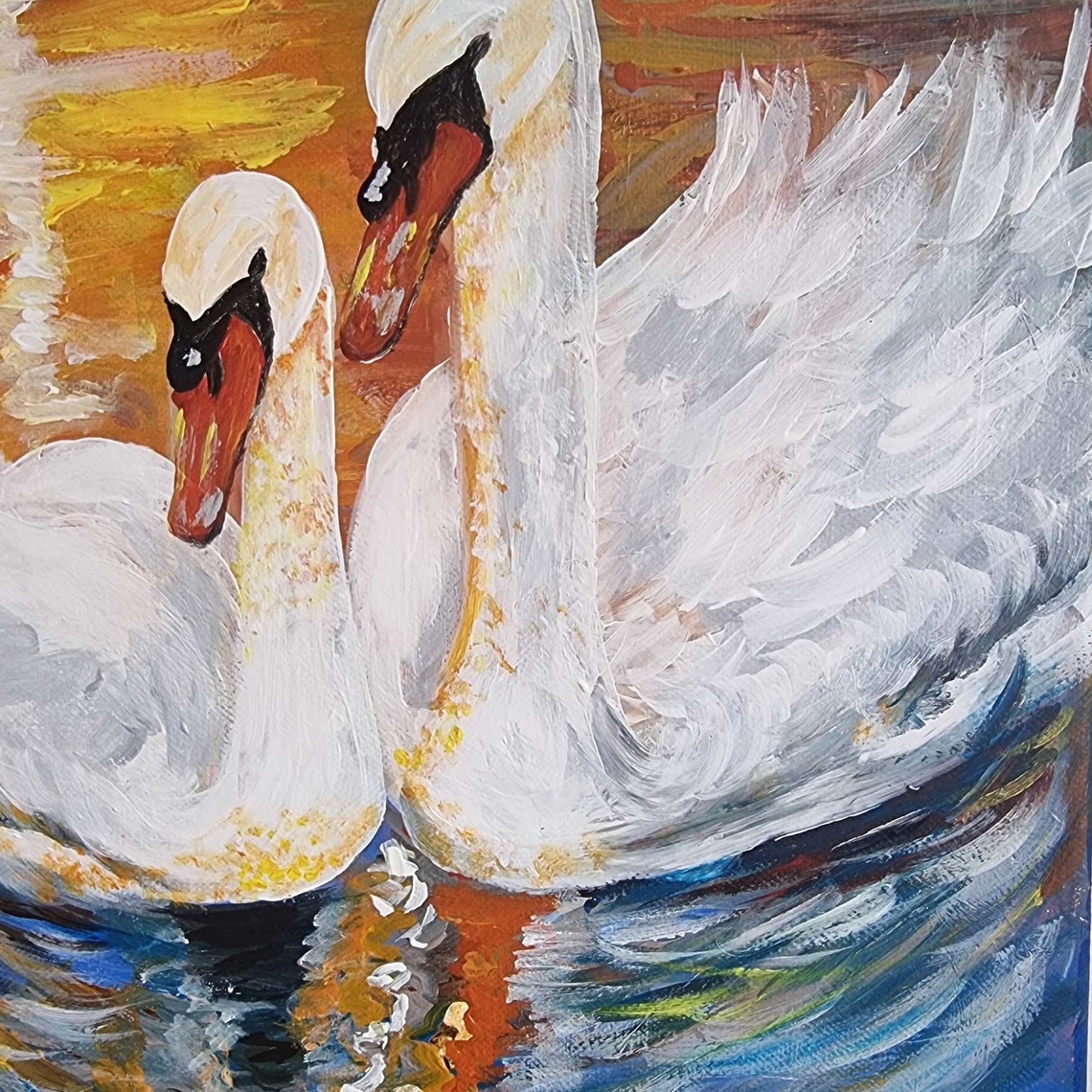 Original Painting,two Majestic Swans Glide Gracefully Across the Lake ...