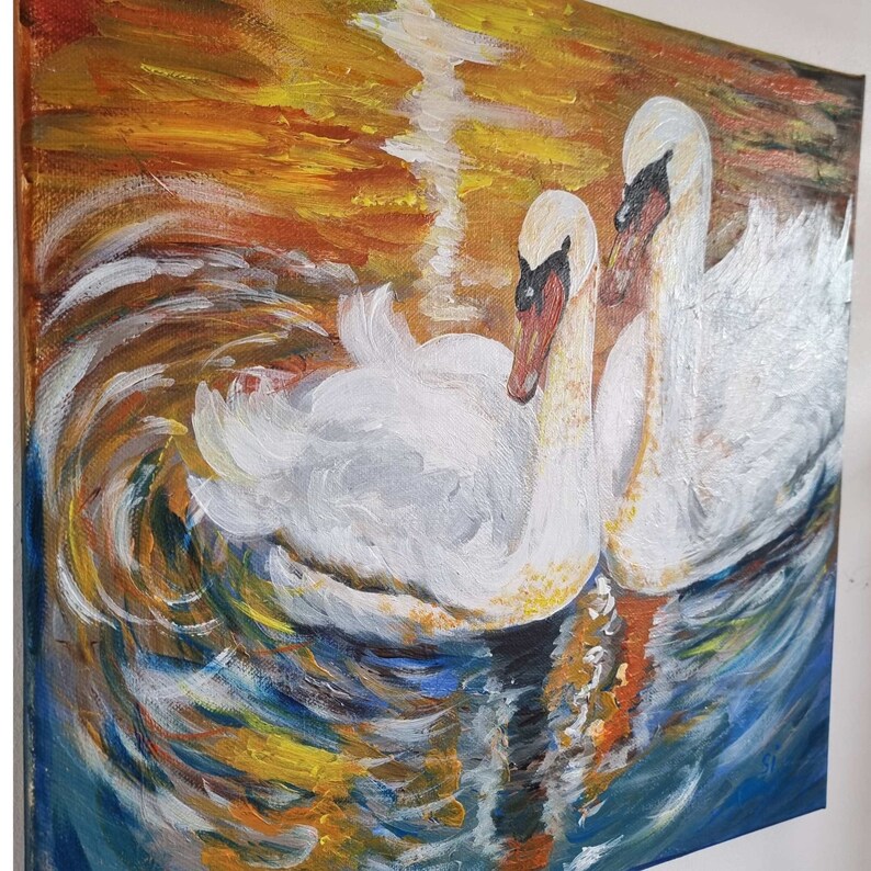 Original Painting,two Majestic Swans Glide Gracefully Across the Lake ...