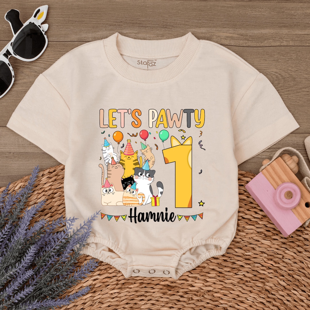 Personalized Lets Pawty Romper, 1st Cat Birthday, Cute Cat Outfit for ...