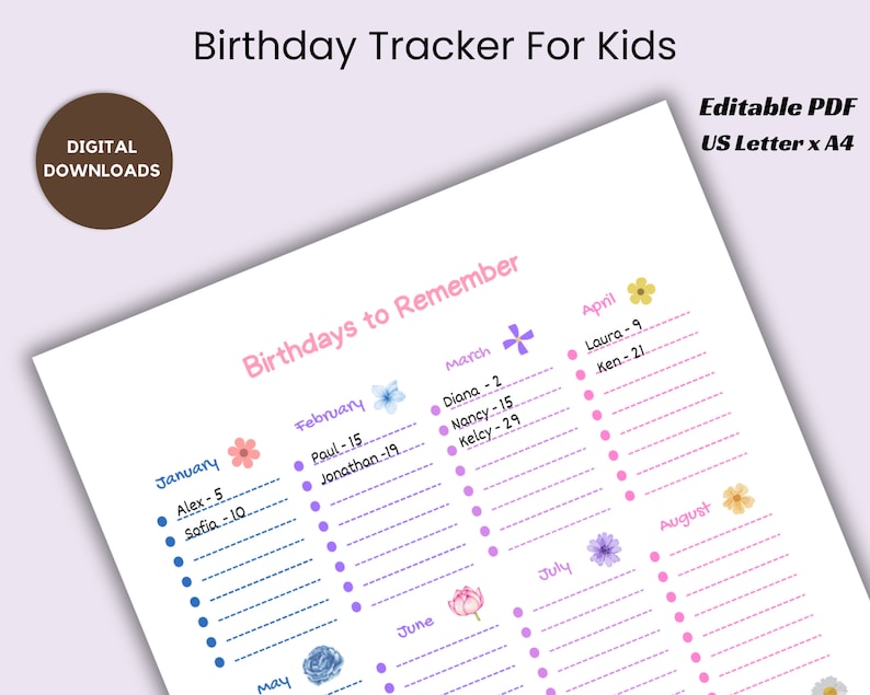 Kids Birthday Tracker Printable Kids Birthday Planner Editable PDF ...