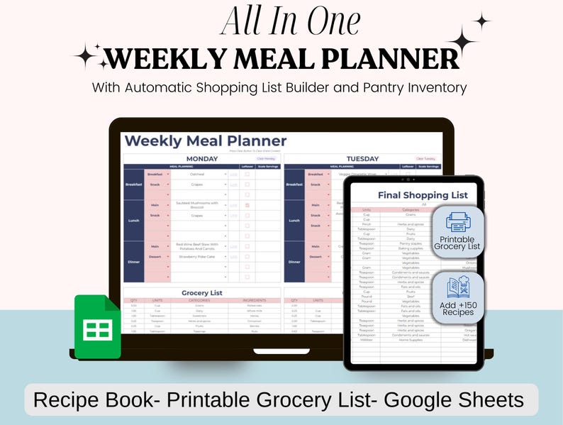 Weekly Meal Planner and Grocery List | Google Sheets Digital Template ...