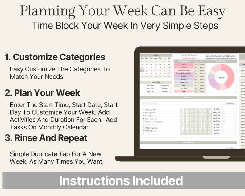 Weekly Time Blocking Planner Spreadsheet 24 Hour Weekly Schedule ...