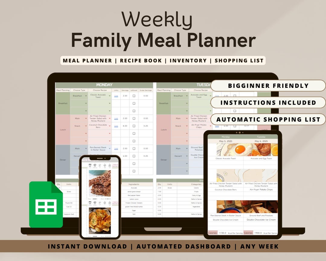 Weekly Meal Planner Google Sheets Automatic Shopping List Printable ...