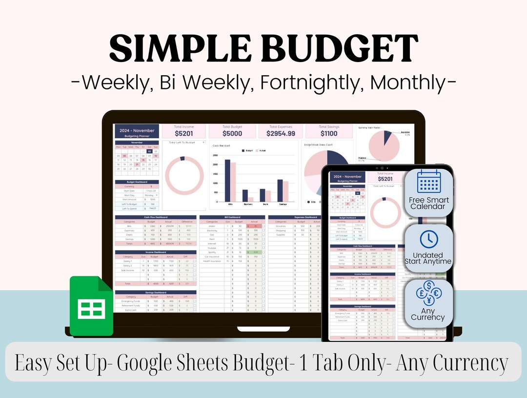 Simple Budget Planner Google Sheets Spreadsheet, Budget by Paycheck ...