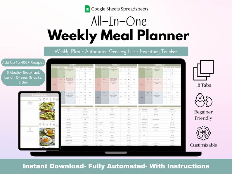 Weekly Meal Planner Google Sheets Spreadsheet - Etsy