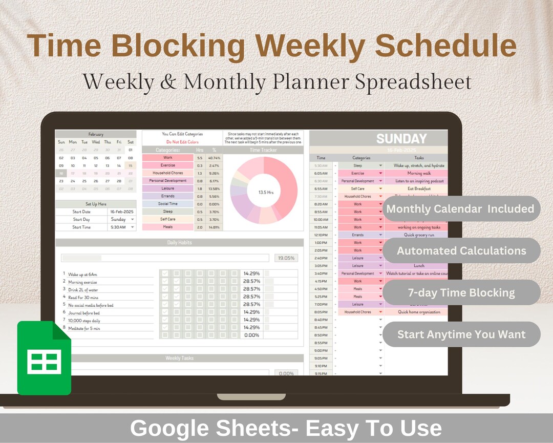 Weekly Time Blocking Planner Spreadsheet, 24 Hour Weekly Schedule ...