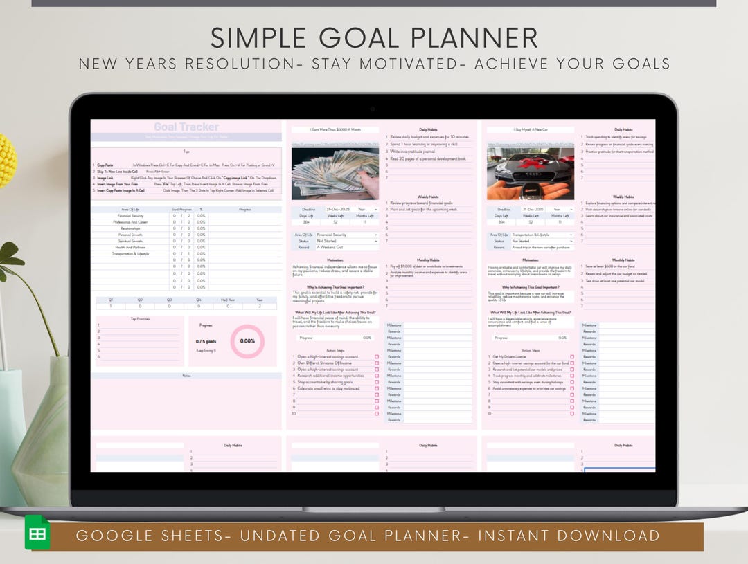 Goal Planner With Vision Board, Google Sheets Spreadsheet, Annual Goal ...