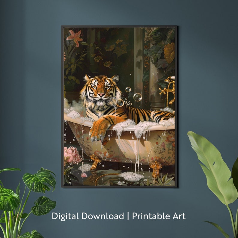 Tiger in Bathtub Art Print, Maximalist Bathroom Decor (digital Download ...