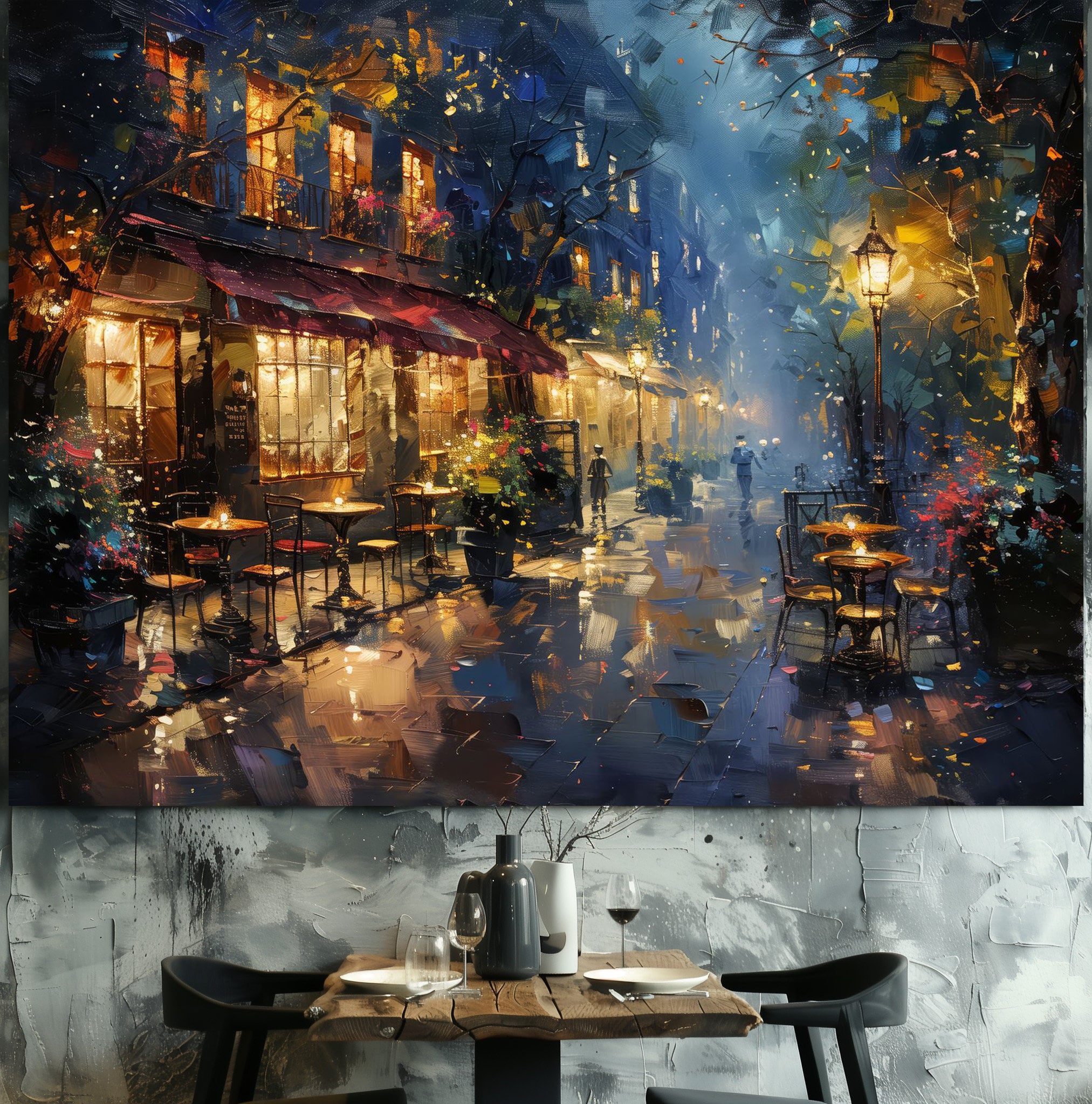 Parisian Street Cafe Night Impressionism Oil Painting Vintage European ...