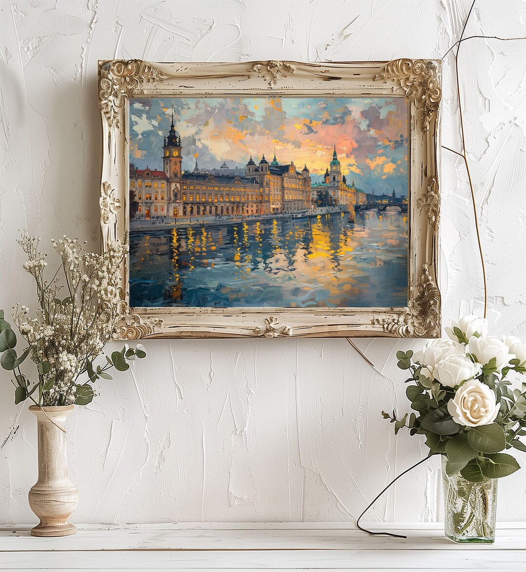 Stockholm City Hall Vintage Oil Painting: River Sunset Landscape ...