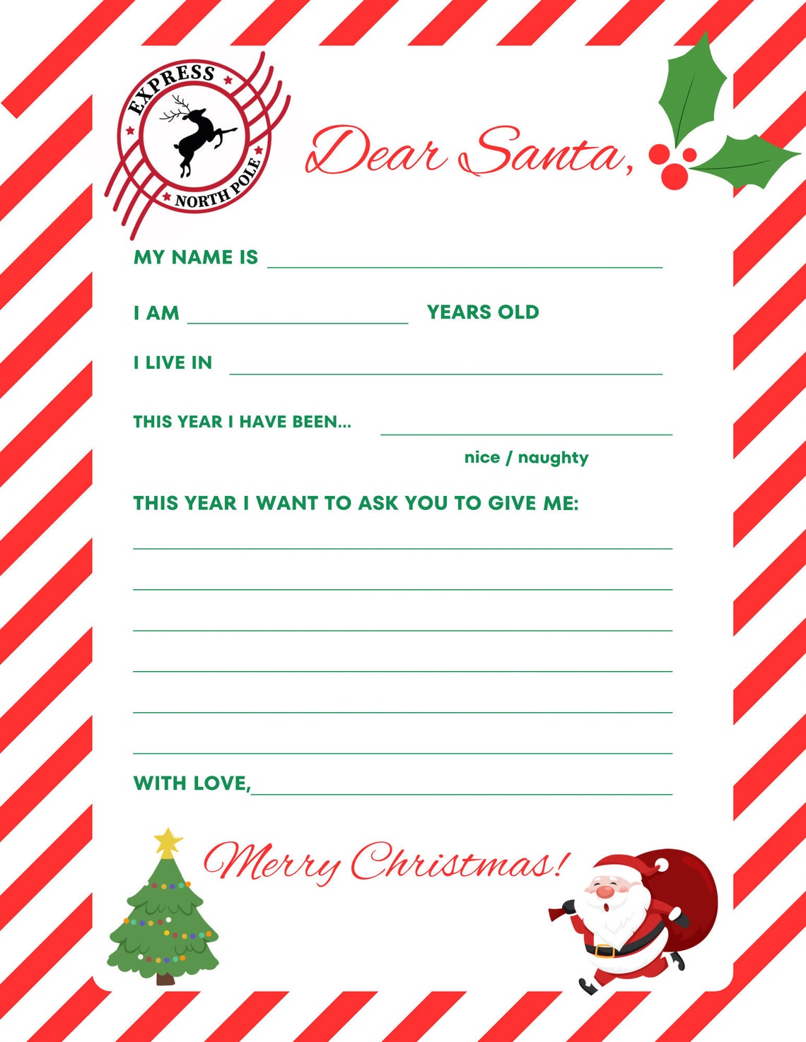 Letter to Santa Printable, Kids Letter to Santa, Letter to Santa Claus ...