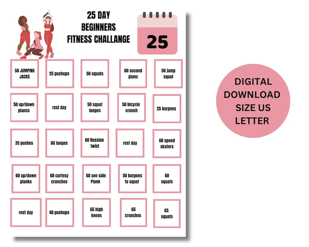 25 Day Workout Challenge Digital Fitness Challenge Printable Exercise ...