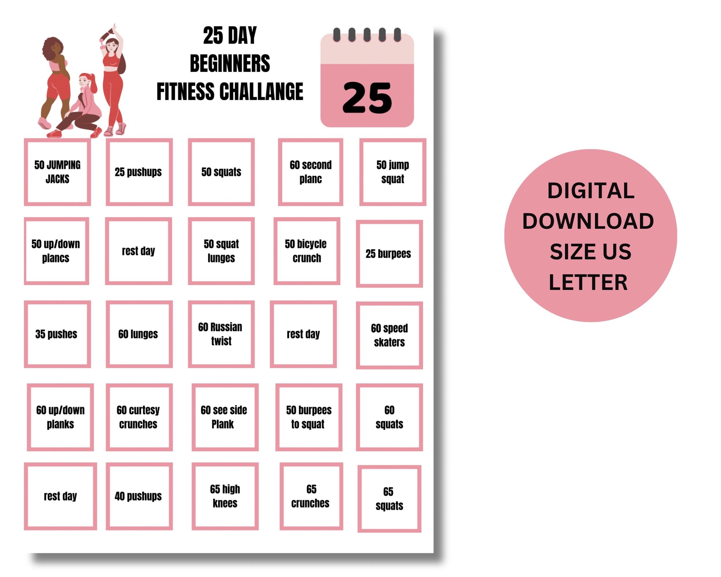 25 Day Workout Challenge Digital Fitness Challenge Printable Exercise ...