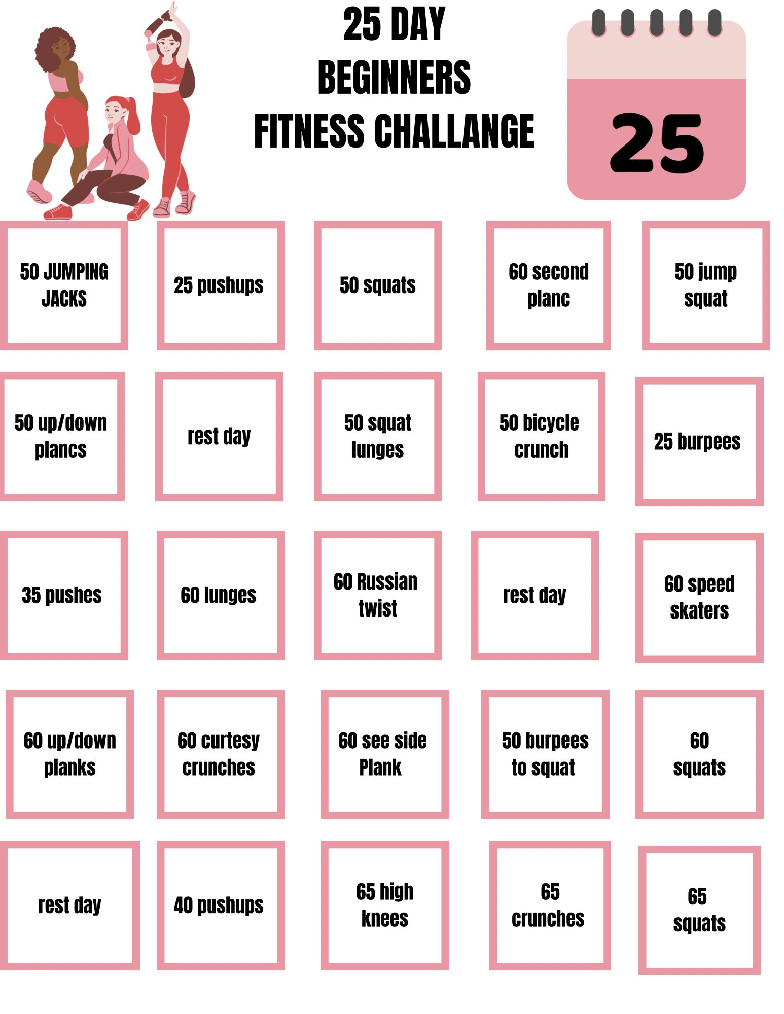 25 Day Workout Challenge Digital Fitness Challenge Printable Exercise ...