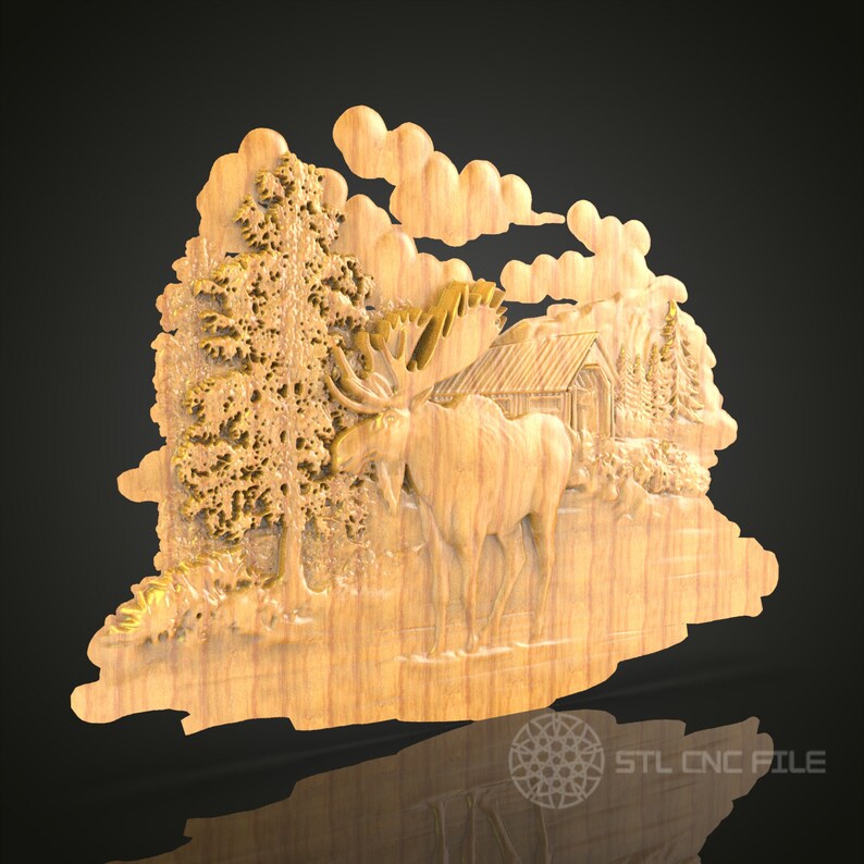 Rustic Forest and Moose 3D STL Model for CNC Carving - Woodland Scene ...