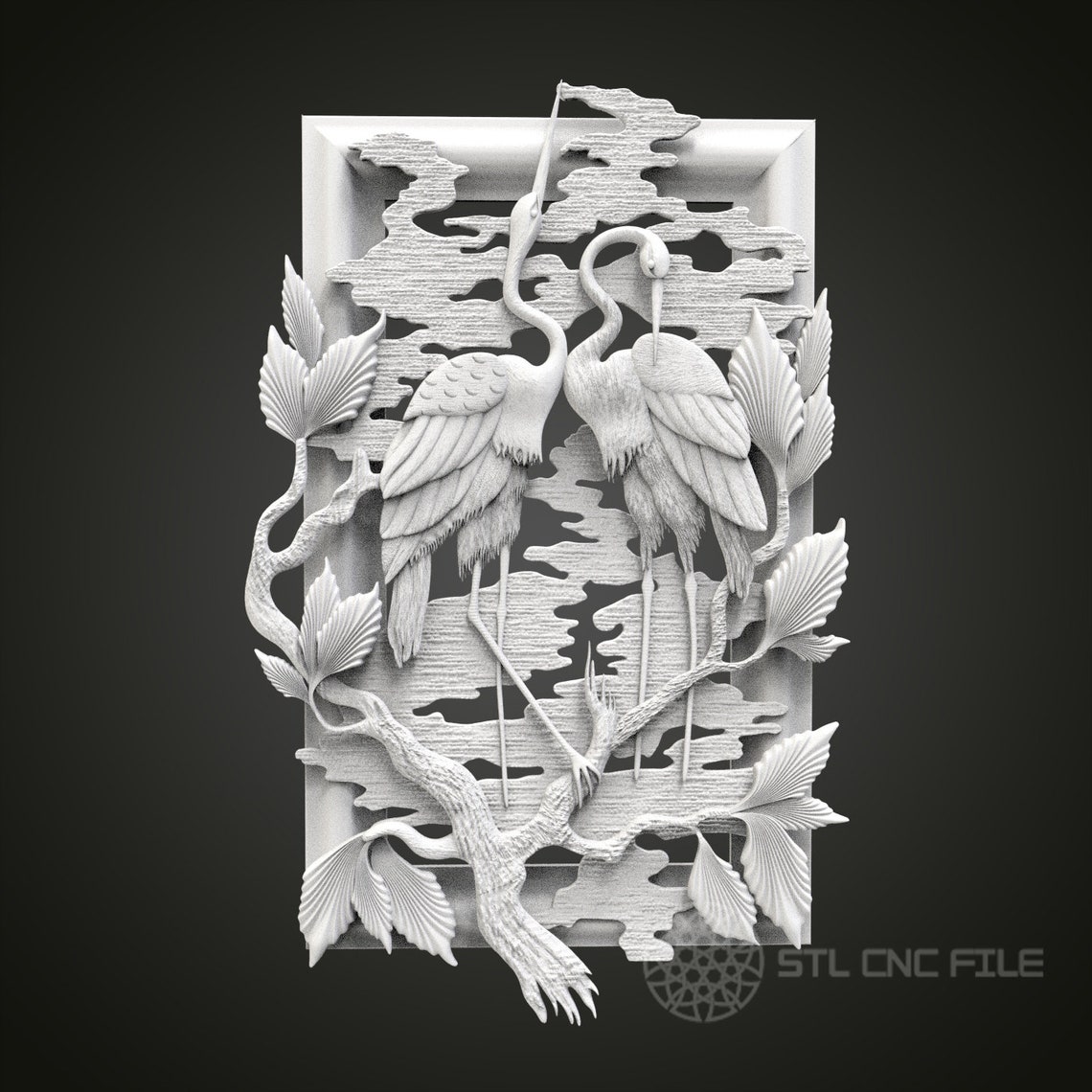 Graceful Cranes Relief 3D CNC Engraved Wood Panel, Artcam Aspire STL ...