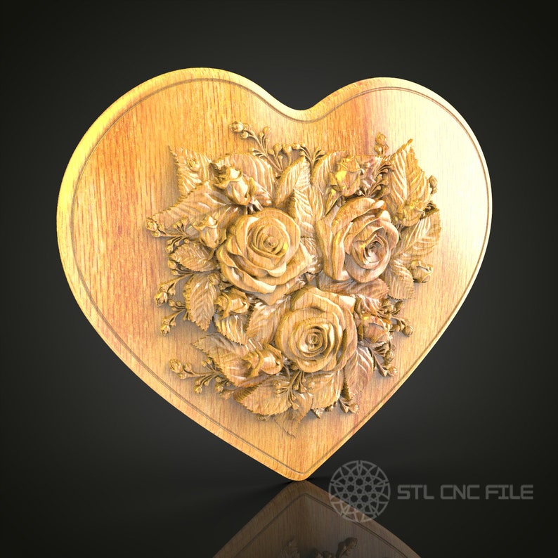 Romantic Roses Heart 3D Relief Model for CNC – Floral Love Theme, Wood ...