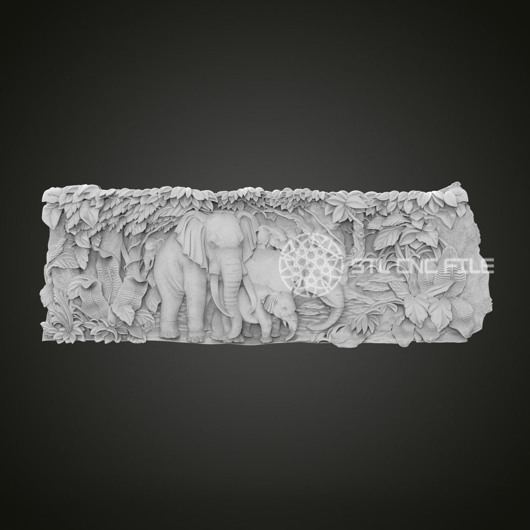 Elephant Family Relief STL File for CNC, Wildlife Scene Carving Design ...