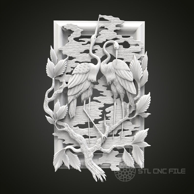 Graceful Cranes Relief - 3D CNC Engraved Wood Panel, Artcam Aspire STL ...