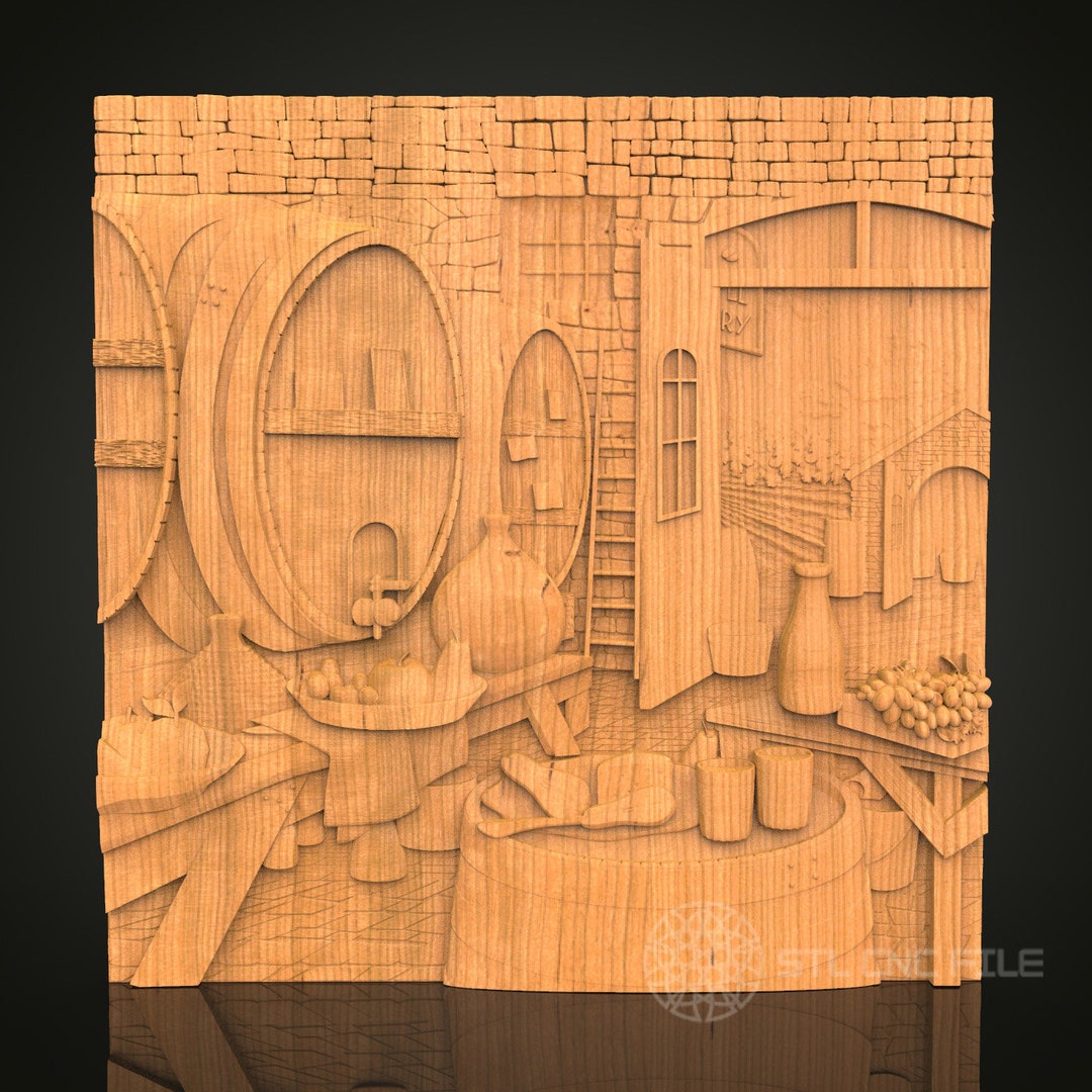 Wine Cellar Scene STL File for CNC - Vintage Winery 3D Wood Carving ...