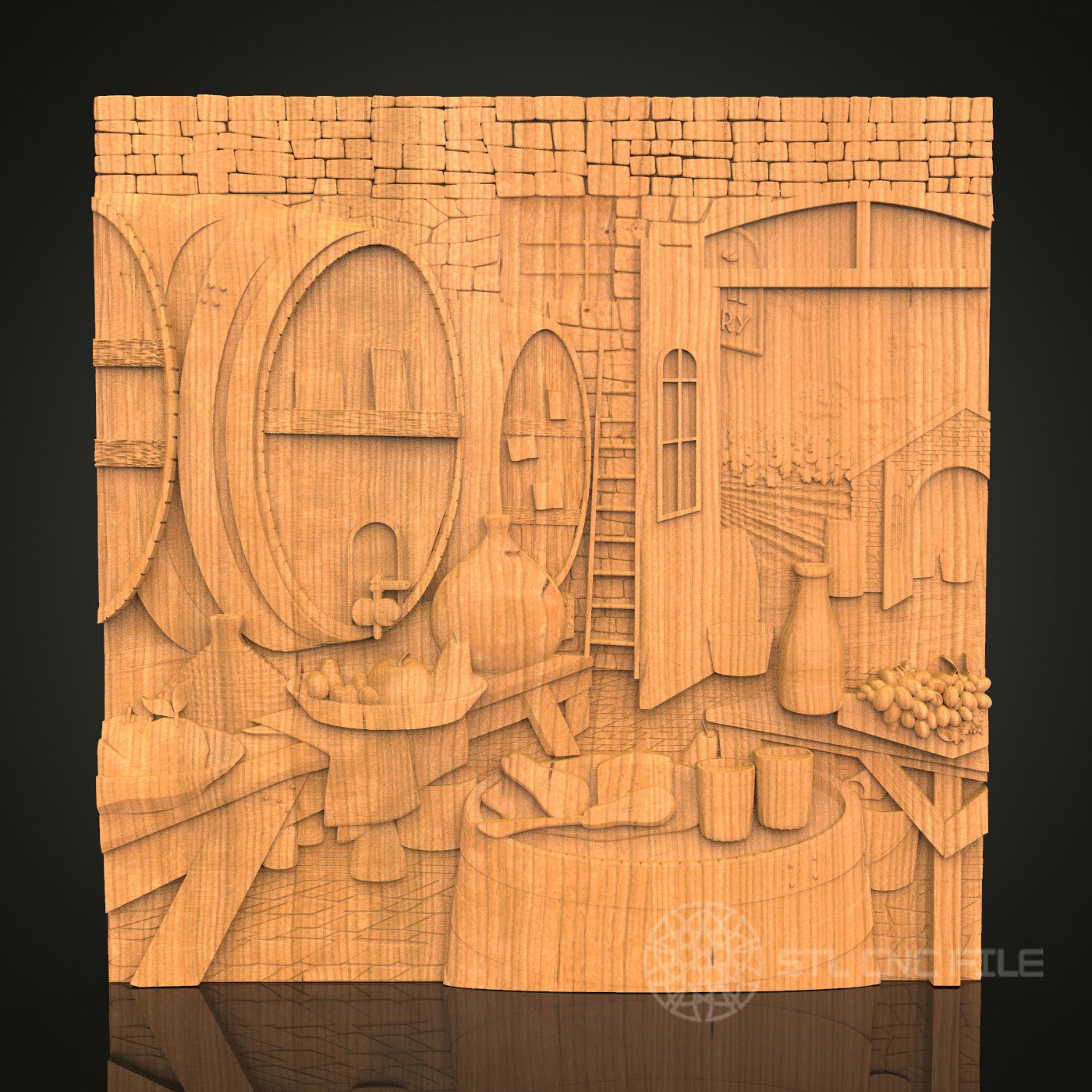 Wine Cellar Scene STL File for CNC - Vintage Winery 3D Wood Carving ...