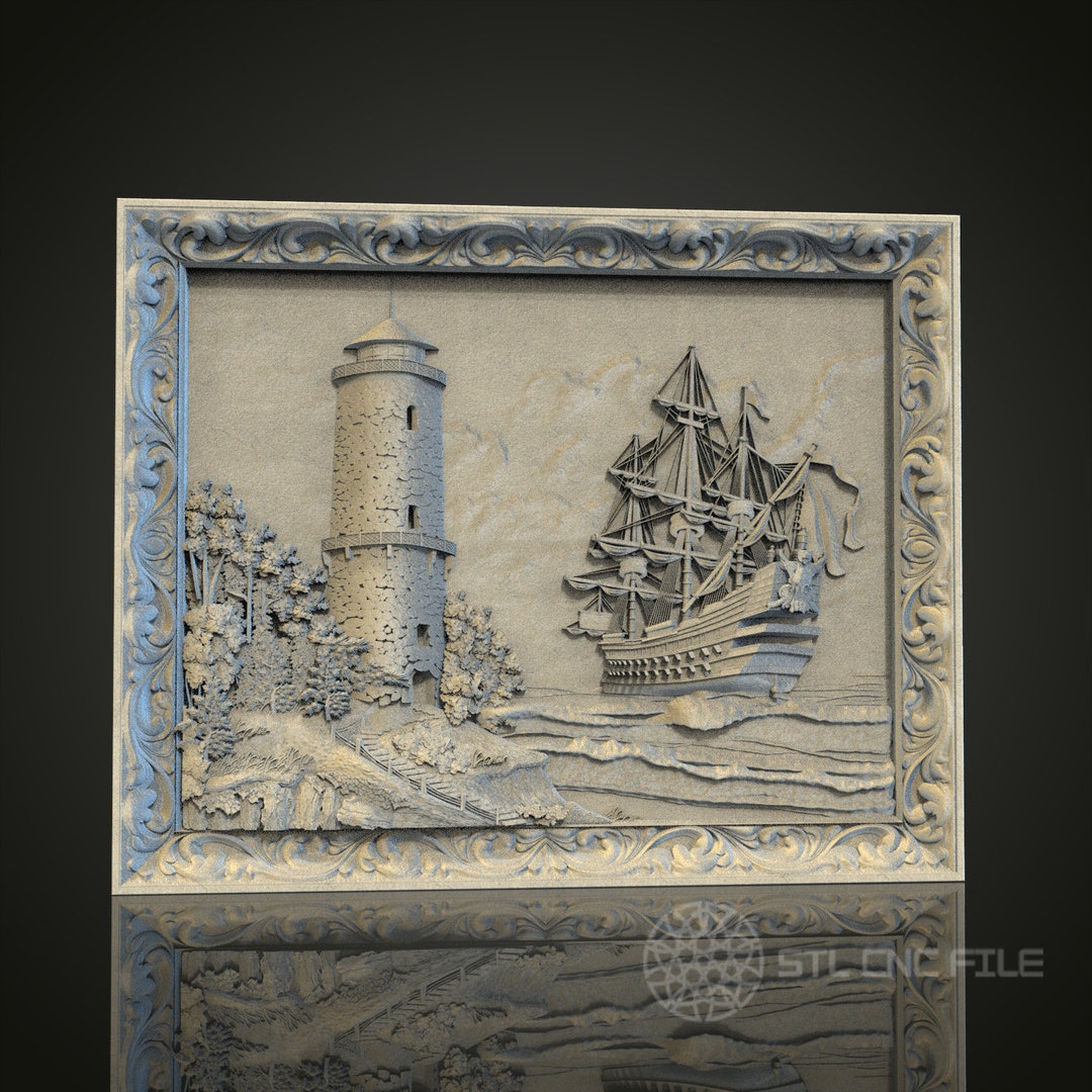 3D Lighthouse and Ship Relief STL Model: Nautical Wall Art (digital ...