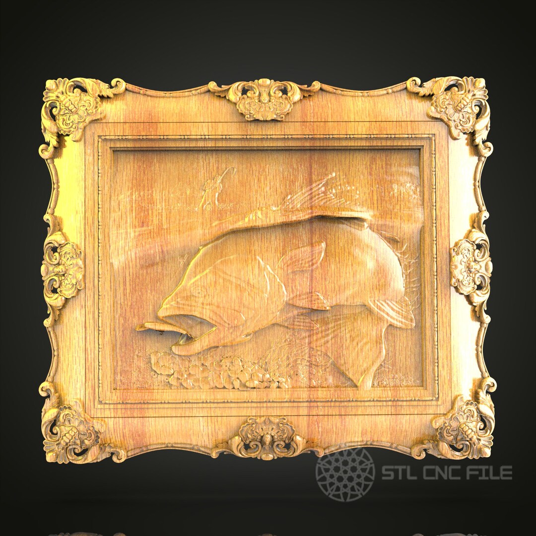 Classic Baroque Fish Relief 3D Model for CNC – Ornate Fishing Scene ...