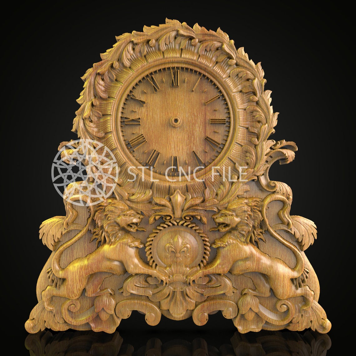 Regal Lion Mantel Clock STL Model, Intricate Wood Carving for CNC ...