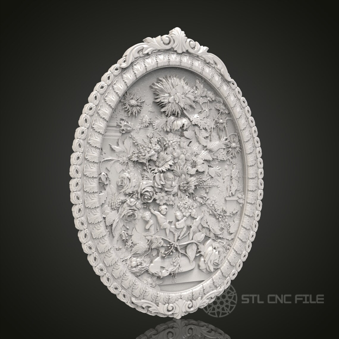 Floral Majesty - Ornate Oval 3D CNC Engraved Wood Frame, Artcam Aspire ...