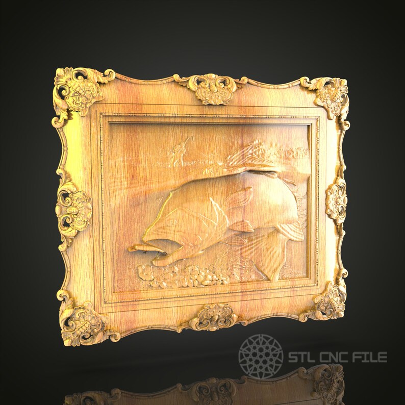Classic Baroque Fish Relief 3D Model for CNC – Ornate Fishing Scene ...