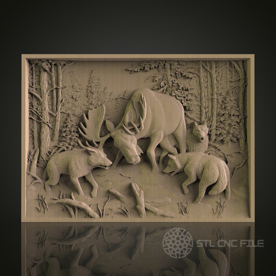 Forest Scene With Moose and Wolves Relief Art STL Model for CNC Router ...