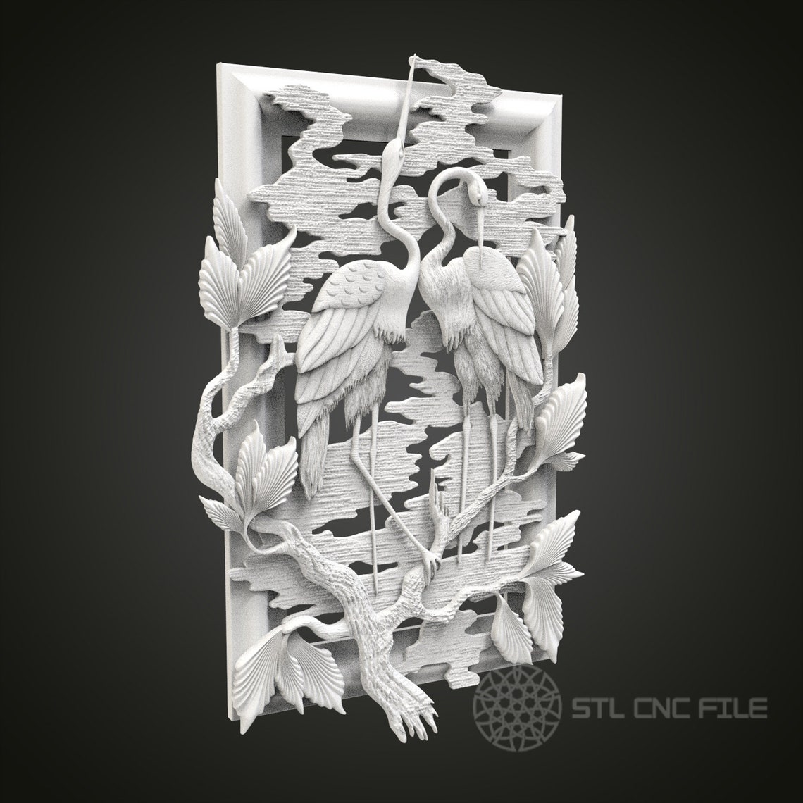 Graceful Cranes Relief 3D CNC Engraved Wood Panel, Artcam Aspire STL ...