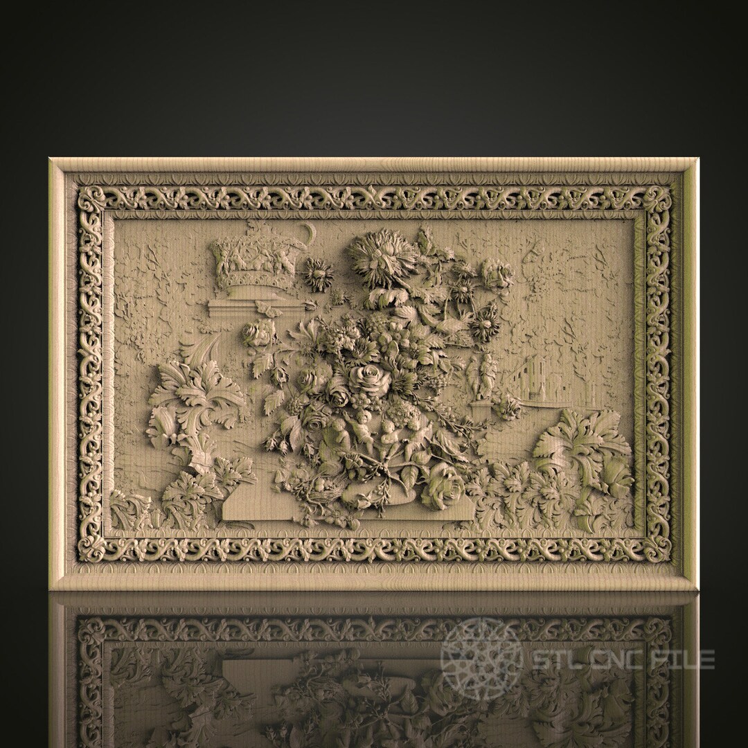 Floral Rectangular Relief STL Model for CNC Router, Aspire, Artcam, 3D ...