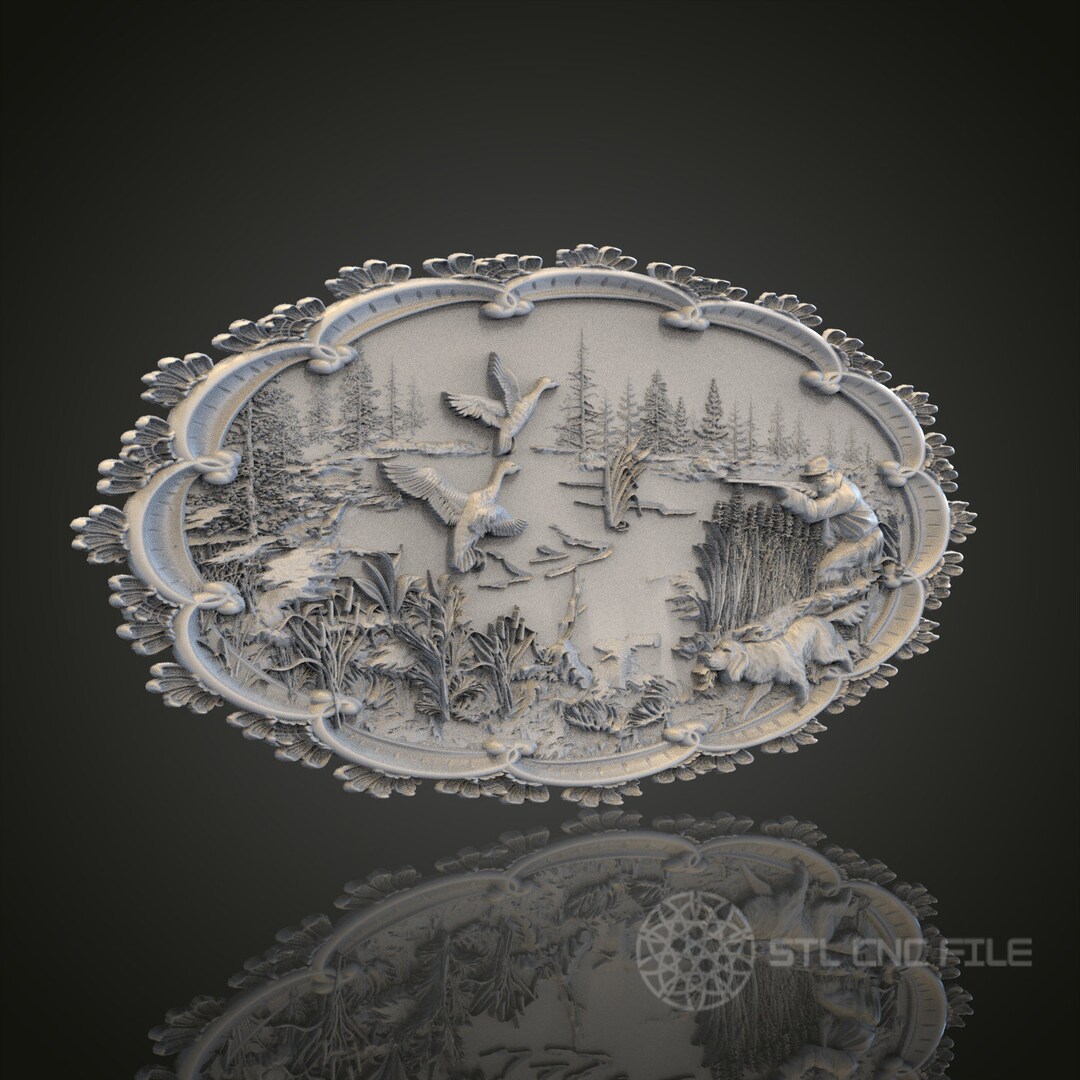 Exquisite Hunting Scene Oval Plaque STL Model for CNC Router Engraver ...