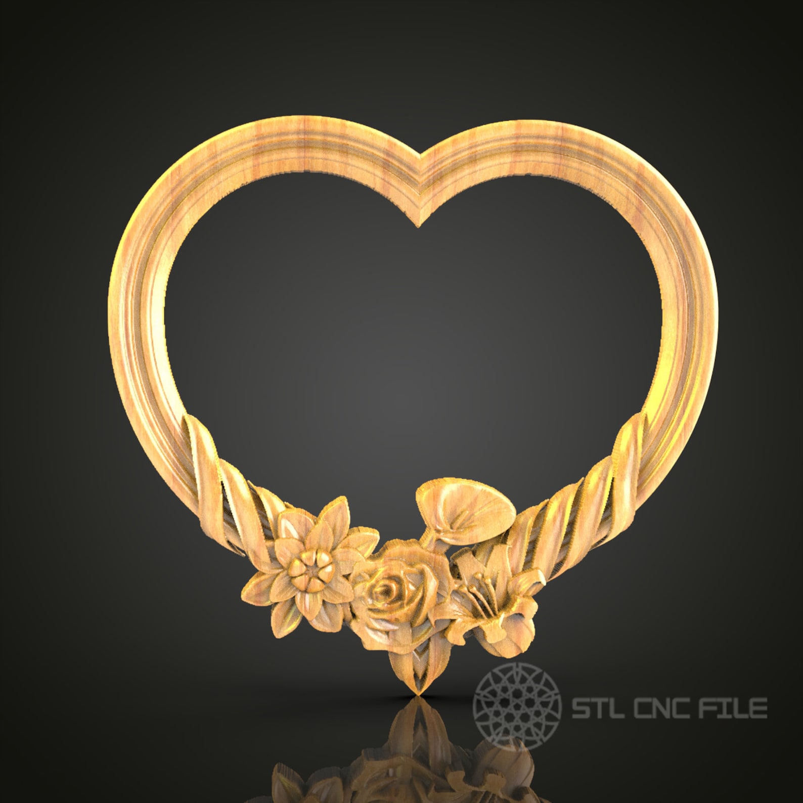 Floral Heart - Romantic 3D CNC Engraved Wood Panel, Artcam Aspire STL ...
