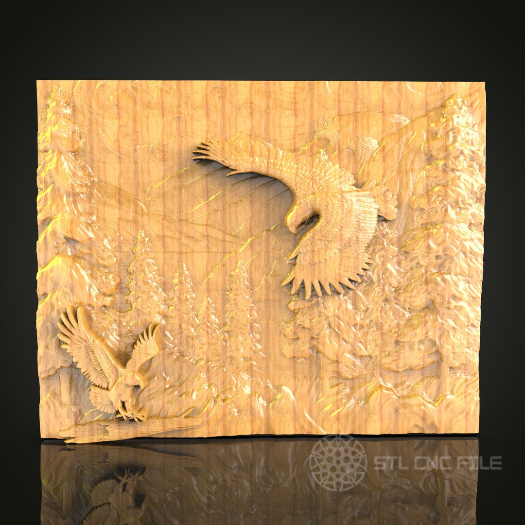 Soaring Eagles Over Forest 3D STL Model for CNC Router - Majestic Bird Carving Digital File ...