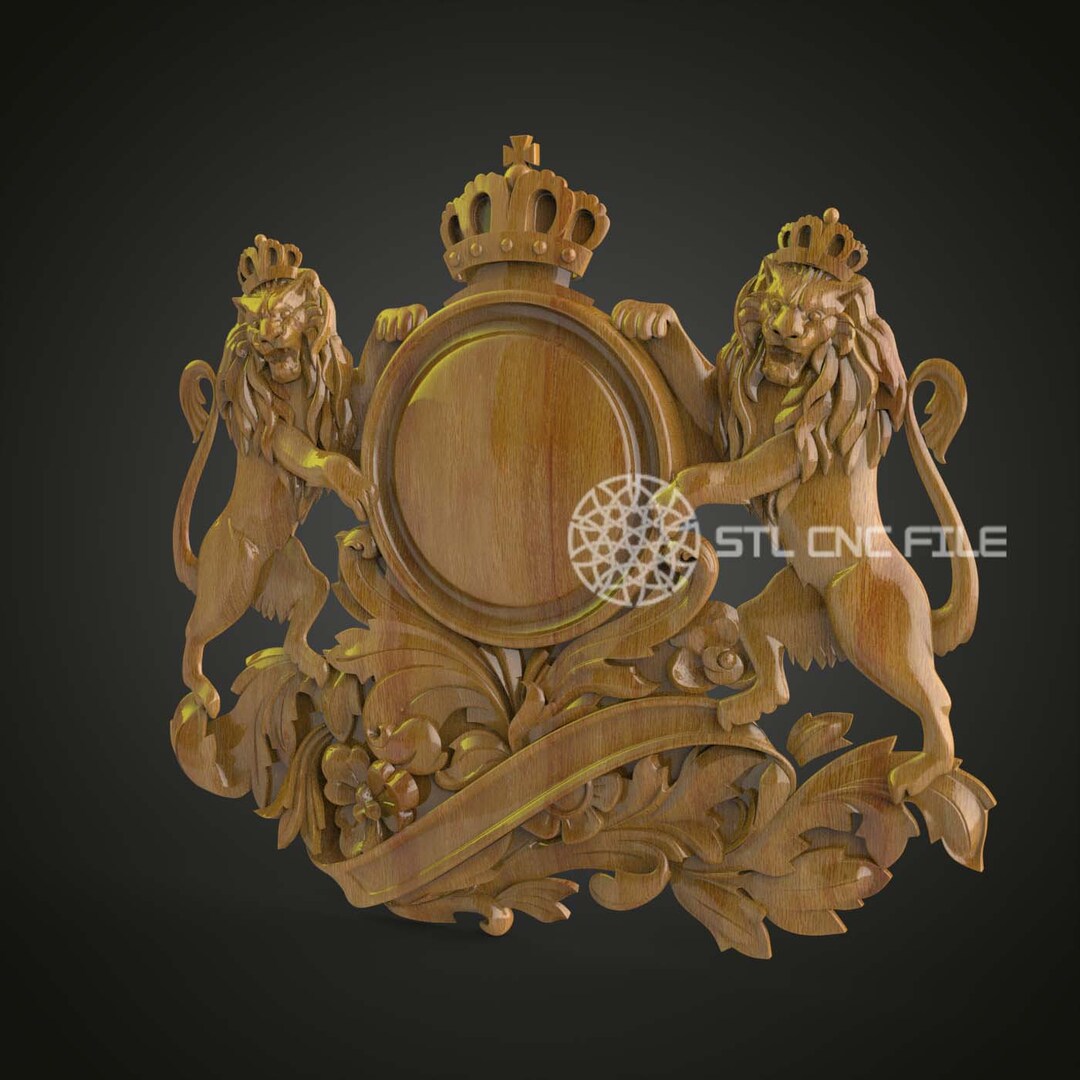 Twin Lions Crest 3D STL Model, CNC Engraving Ready, Fit for Artcam ...