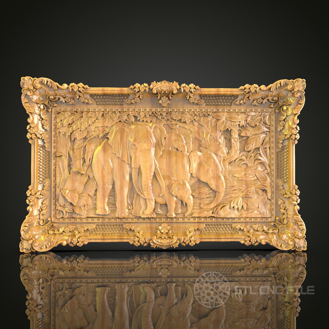 Elephant Family Relief - CNC Carved Wood Panel, Ornate Frame, Artcam ...