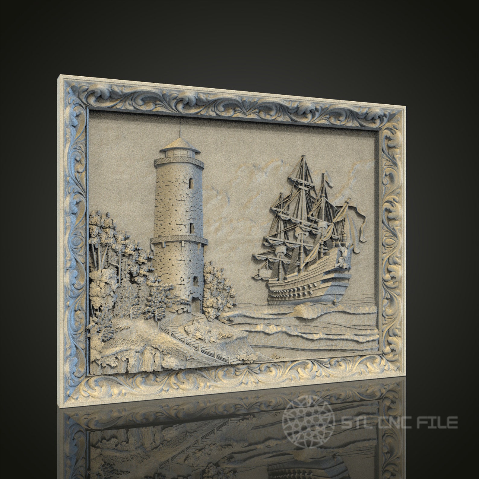 3D Lighthouse and Ship Relief STL Model: Nautical Wall Art (digital ...