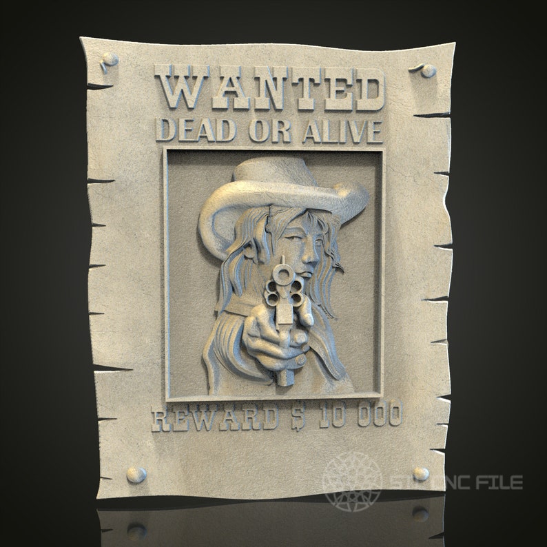 Wanted Poster Relief STL Model for CNC Router, Wood Engraving, Artcam ...