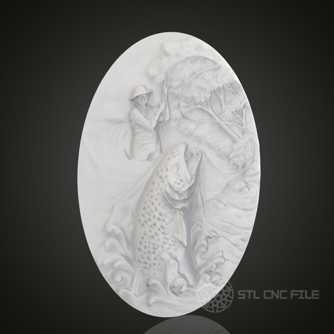 Fishing Scene Oval 3D Relief Art for CNC Router, Artcam, Aspire, Wall Decor, STL Model ...