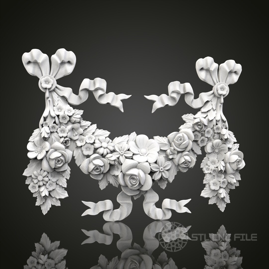 Floral Symphony - Garland and Ribbons 3D CNC Engraved Wood Panel ...